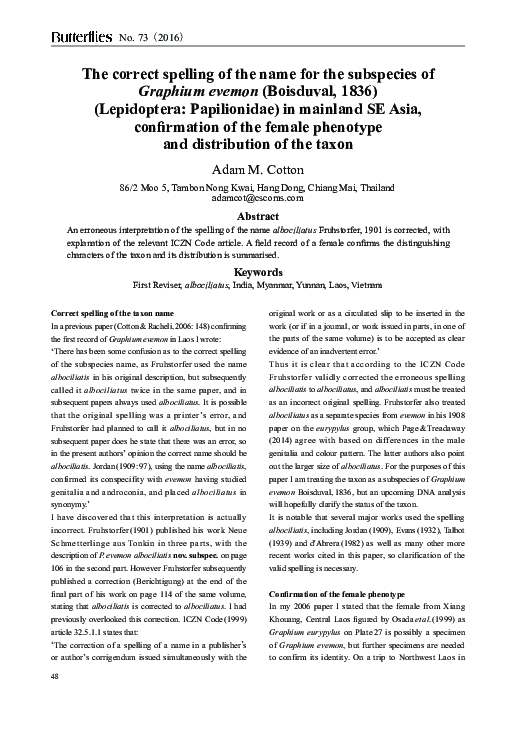 (PDF) The correct spelling of the name for the subspecies of Graphium ...