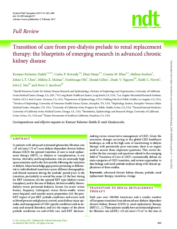 (PDF) Transition of care from pre-dialysis prelude to renal replacement ...