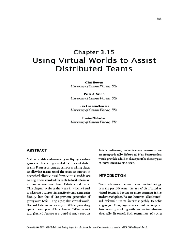 (PDF) Using Virtual Worlds to Assist Distributed Teams (PDF) Using Virtual Worlds to Assist Distributed Teams