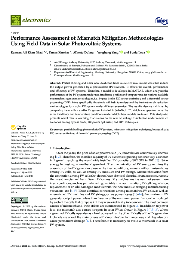 (PDF) Performance Assessment of Mismatch Mitigation Methodologies Using Field Data in Solar ...