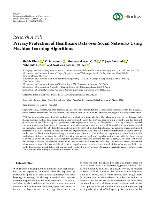(PDF) Privacy Protection of Healthcare Data over Social Networks Using Machine Learning Algorithms