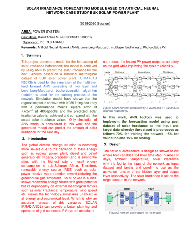 SOLAR IRRADIANCE FORECASTING MODEL BASED ON ARTIICIAL NEURAL NETWORK CASE STUDY BUK SOLAR POWER ...