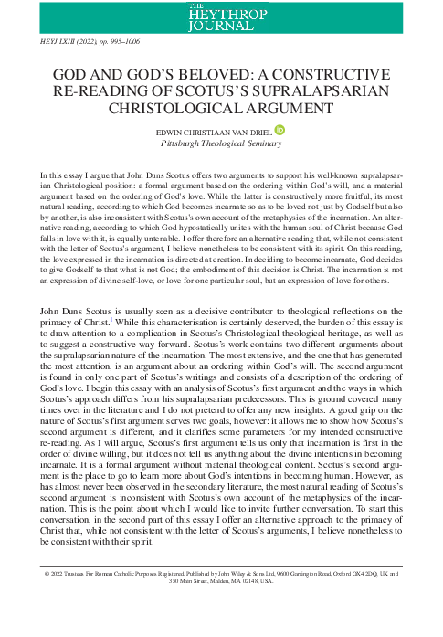 (PDF) God and God's Beloved: A Constructive Re-Reading of Scotus ...