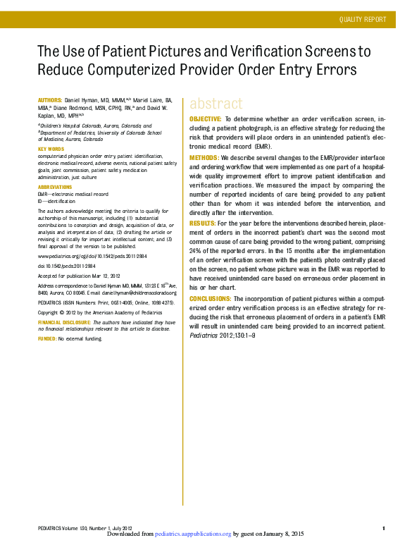 (PDF) The Use of Patient Pictures and Verification Screens to Reduce Computerized Provider Order ...