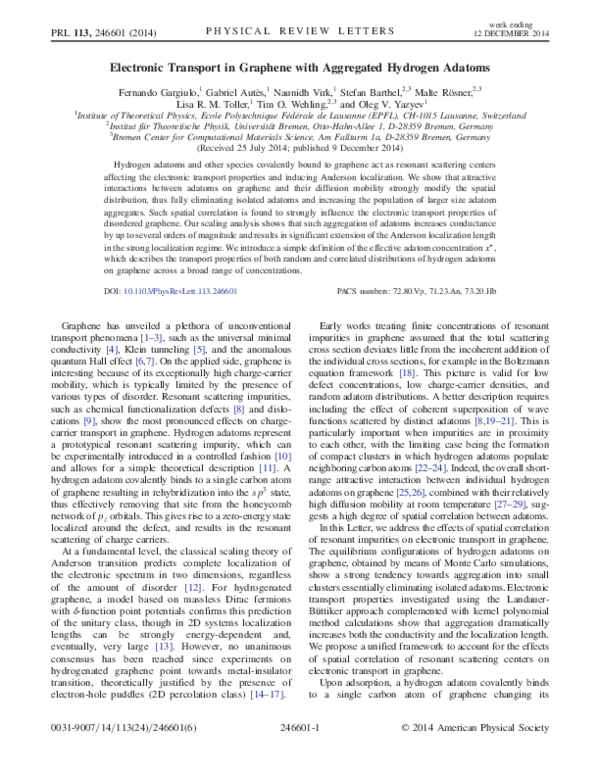 (PDF) Electronic Transport in Graphene with Aggregated Hydrogen Adatoms