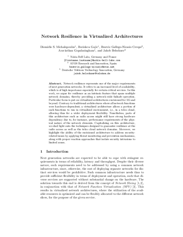 (PDF) Network Resilience in Virtualized Architectures