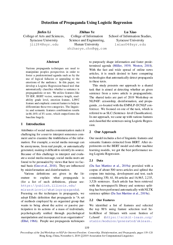 (PDF) Detection of Propaganda Using Logistic Regression