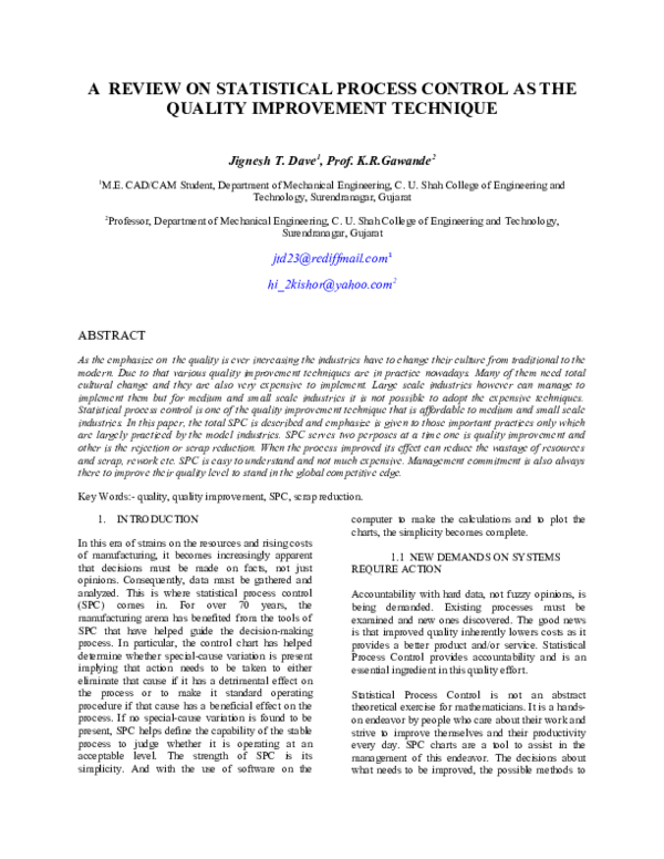 (DOC) A REVIEW ON STATISTICAL PROCESS CONTROL AS THE QUALITY IMPROVEMENT TECHNIQUE