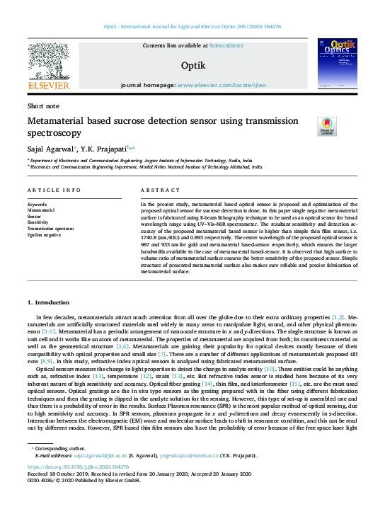 (PDF) Metamaterial based sucrose detection sensor using transmission spectroscopy