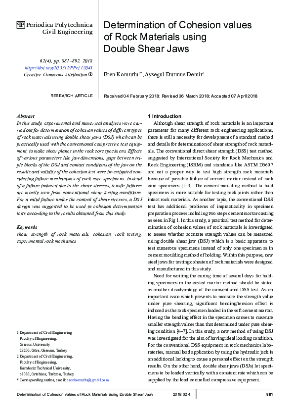 (PDF) Determination of Cohesion values of Rock Materials using Double ...