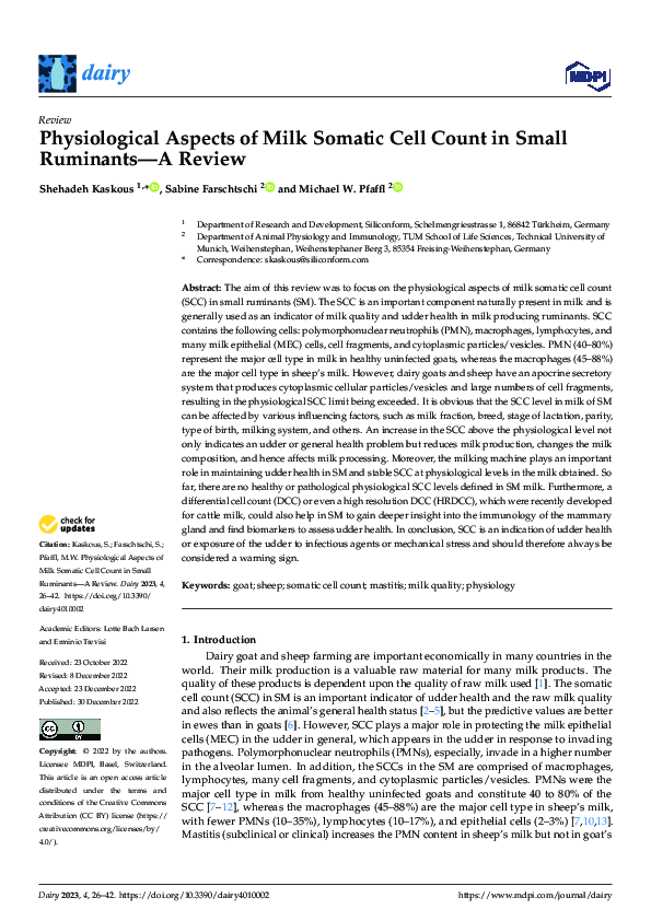 (PDF) Physiological Aspects of Milk Somatic Cell Count in Small Ruminants—A Review
