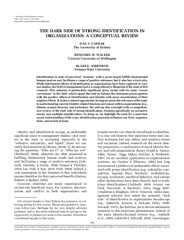 (PDF) The Dark Side of Strong Identification in Organizations: A ...
