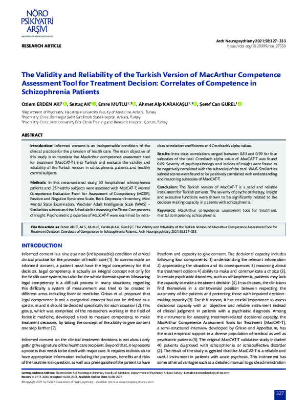(PDF) The validity and reliability of the Turkish version of MacArthur competence assessment ...