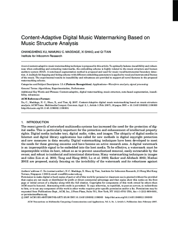 (PDF) Content-adaptive digital music watermarking based on music ...