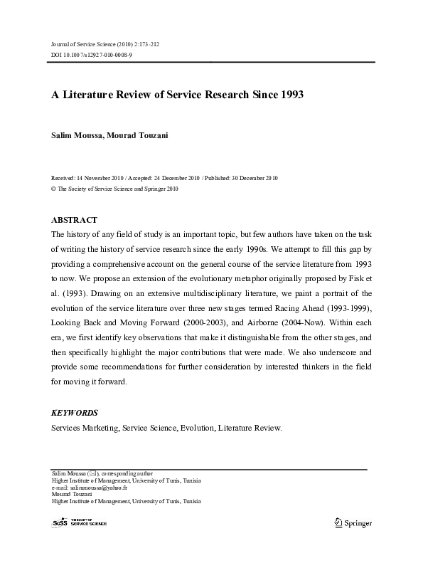 (PDF) A literature review of service research since 1993