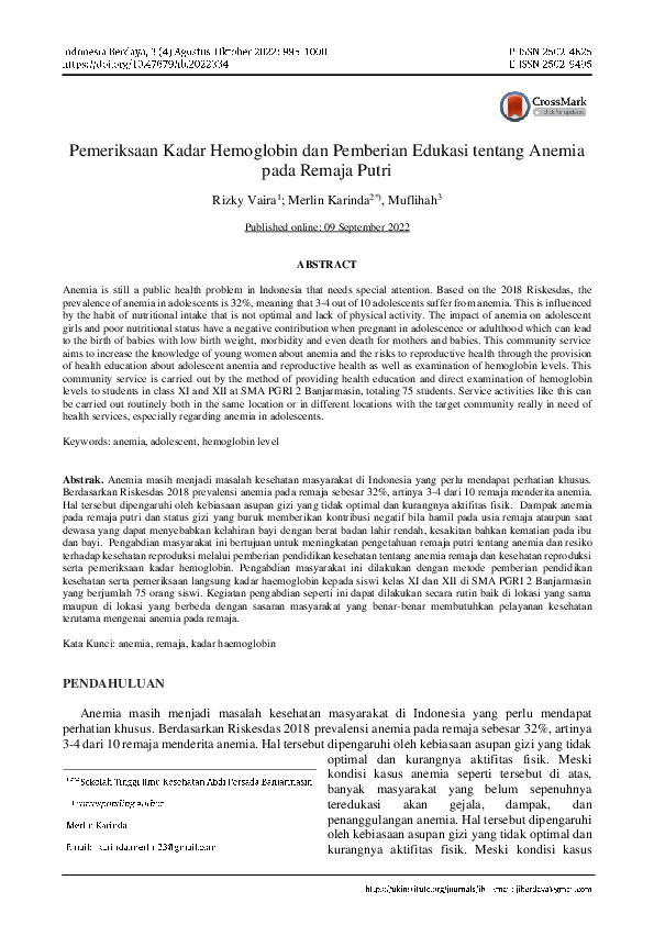 (PDF) Pemeriksaan Kadar Hemoglobin dan Pemberian Edukasi tentang Anemia pada Remaja Putri