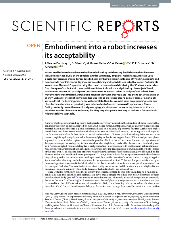 (PDF) Embodiment into a robot increases its acceptability