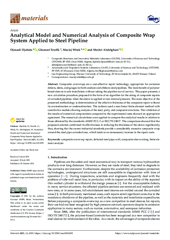 (PDF) Analytical Model and Numerical Analysis of Composite Wrap System Applied to Steel Pipeline