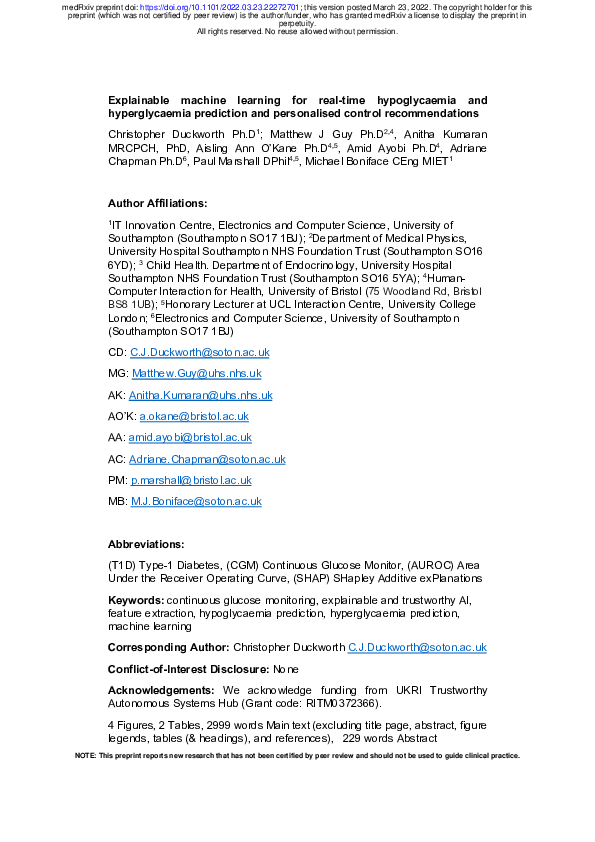 (PDF) Explainable machine learning for real-time hypoglycaemia and hyperglycaemia prediction and ...