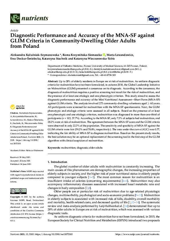 (PDF) Diagnostic Performance and Accuracy of the MNA-SF against GLIM Criteria in Community ...