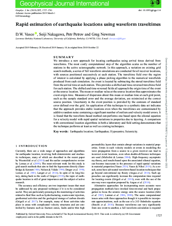 (PDF) Rapid estimation of earthquake locations using waveform traveltimes