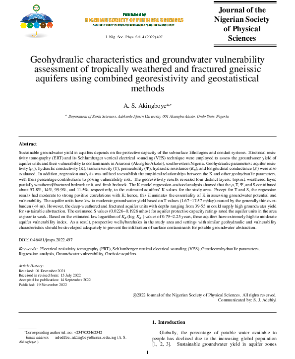 (PDF) Geohydraulic characteristics and groundwater vulnerability assessment of tropically ...