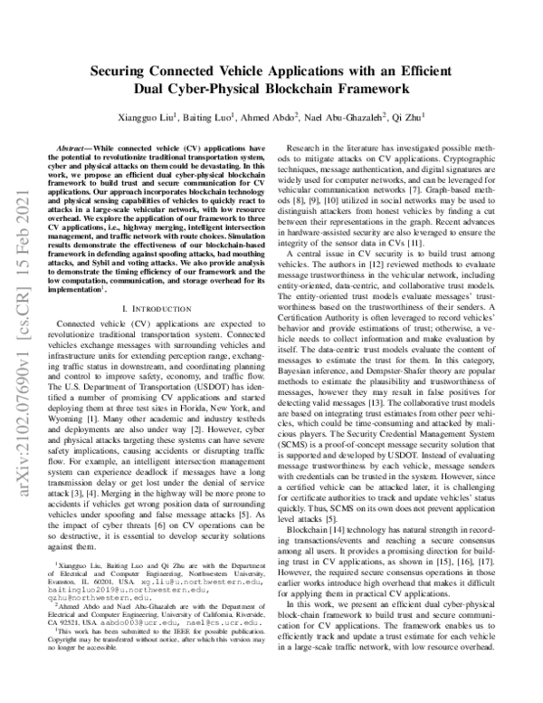 (PDF) Securing Connected Vehicle Applications with an Efficient Dual Cyber- Physical Blockchain ...