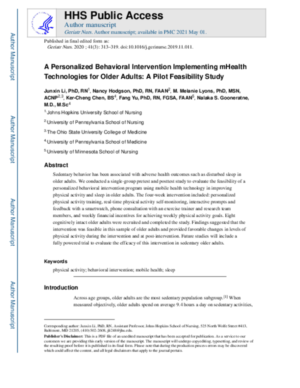 (PDF) A personalized behavioral intervention implementing mHealth technologies for older adults ...