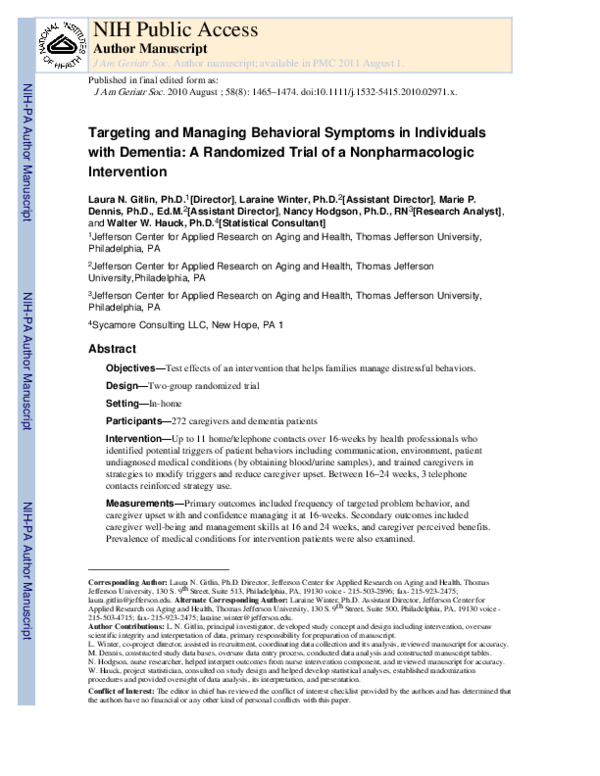 (PDF) Targeting and Managing Behavioral Symptoms in Individuals with Dementia: A Randomized ...
