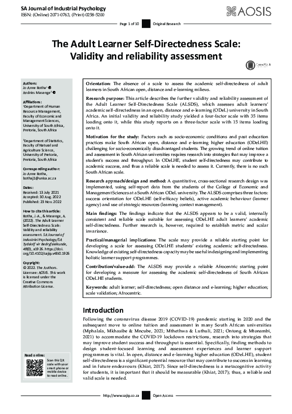 (PDF) The Adult Learner Self-Directedness Scale: Validity and reliability assessment