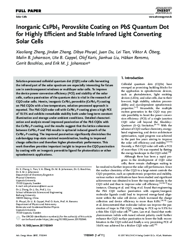 (PDF) Inorganic CsPbI3 Perovskite Coating on PbS Quantum Dot for Highly Efficient and Stable ...
