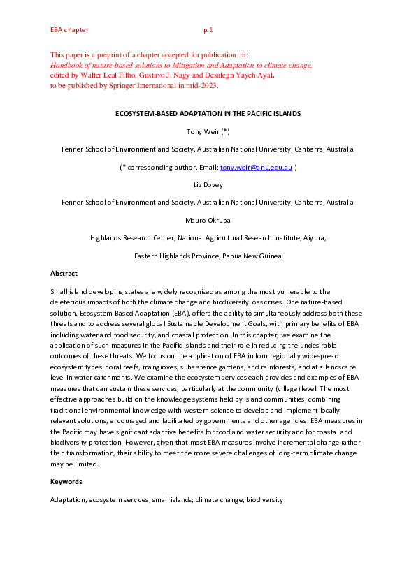 Pdf Ecosystem Based Adaptation In The Pacific Islands