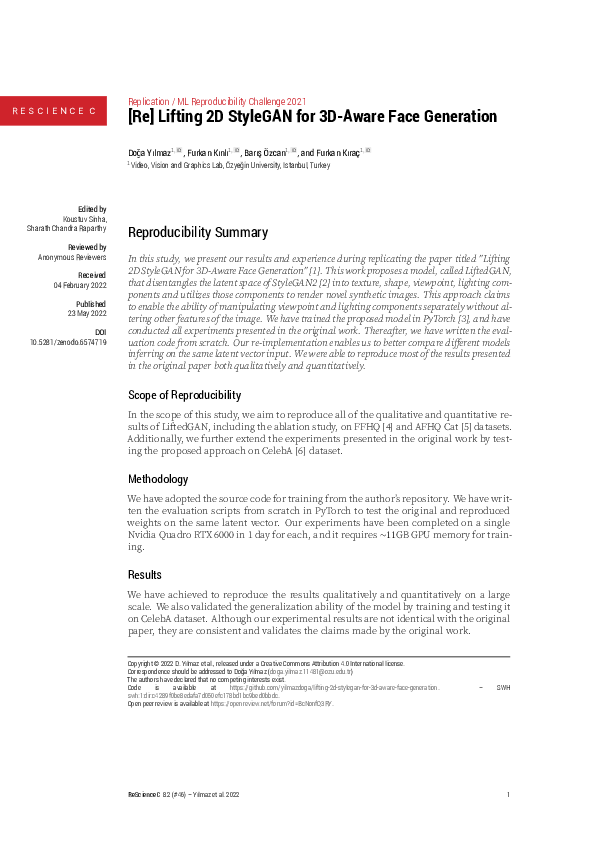 (PDF) [Re] Lifting 2D StyleGAN for 3D-Aware Face Generation