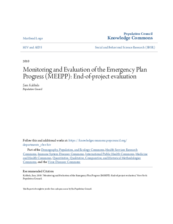 (PDF) Monitoring and Evaluation of the Emergency Plan Progress (MEEPP): End-of-project ...