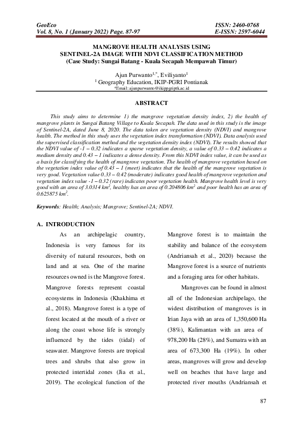 Pdf Mangrove Health Analysis Using Sentinel 2a Image With Ndvi Classification Method