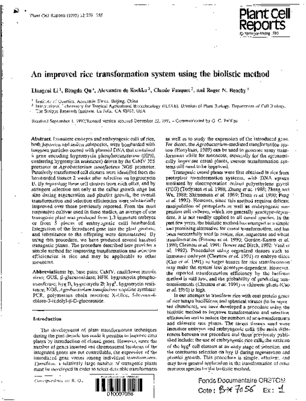 (PDF) An improved rice transformation system using the biolistic method