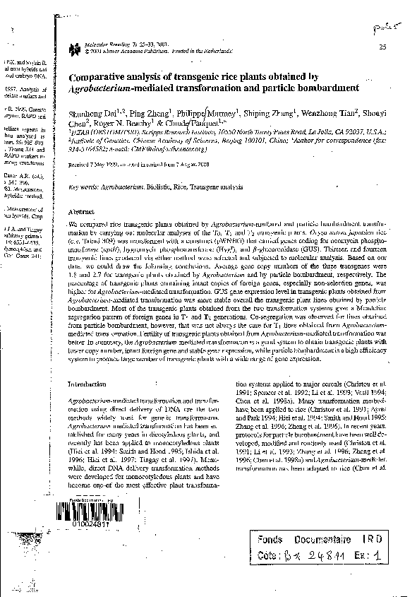 (PDF) Comparative analysis of transgenic rice plants obtained by ...