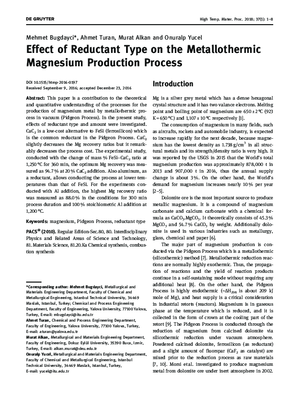 (PDF) Effect of Reductant Type on the Metallothermic Magnesium ...