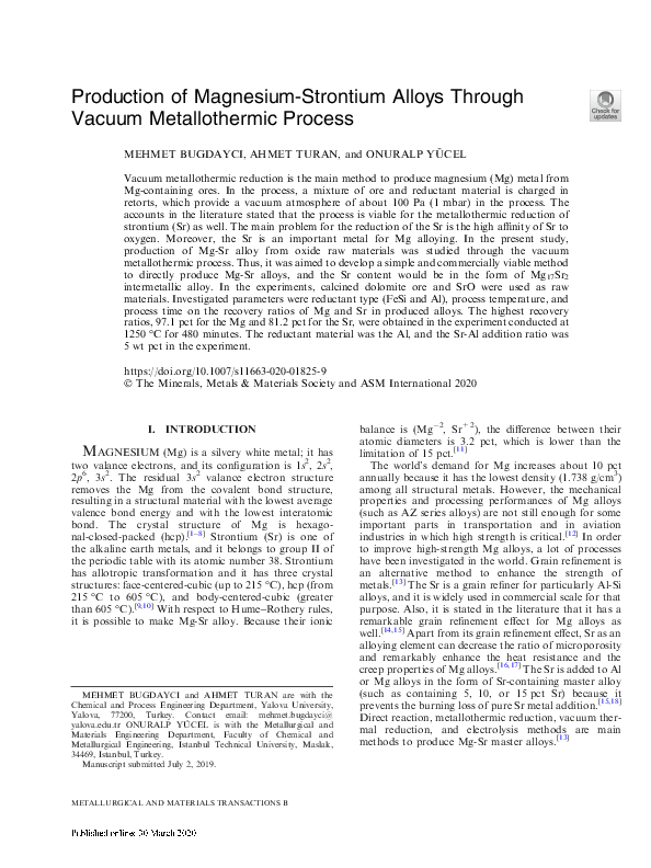 (PDF) Production of Magnesium-Strontium Alloys Through Vacuum ...
