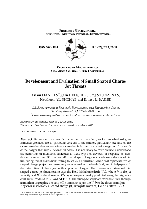(PDF) Development and Evaluation of Small Shaped Charge Jet Threats