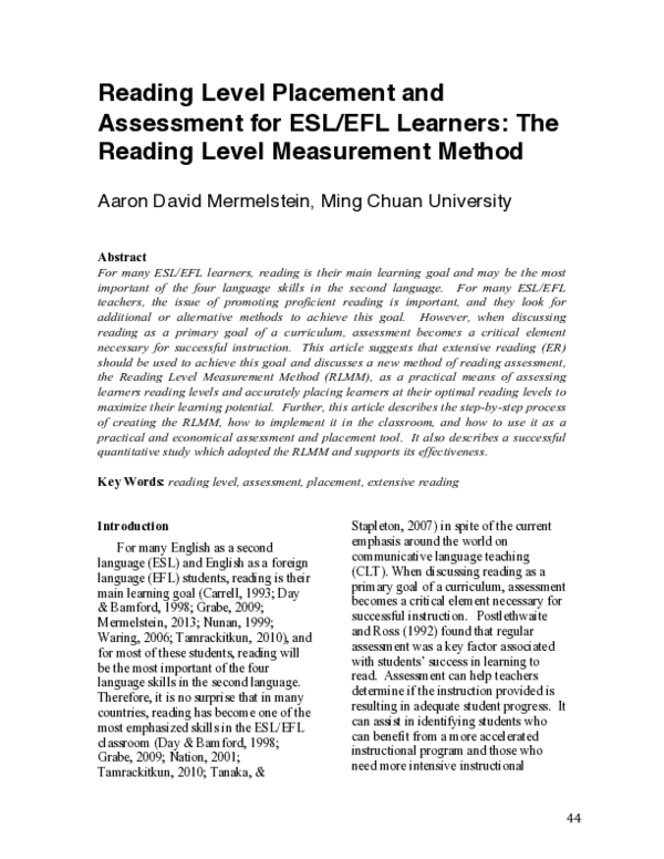 (PDF) Reading Level Placement and Assessment for ESL/EFL Learners: The ...