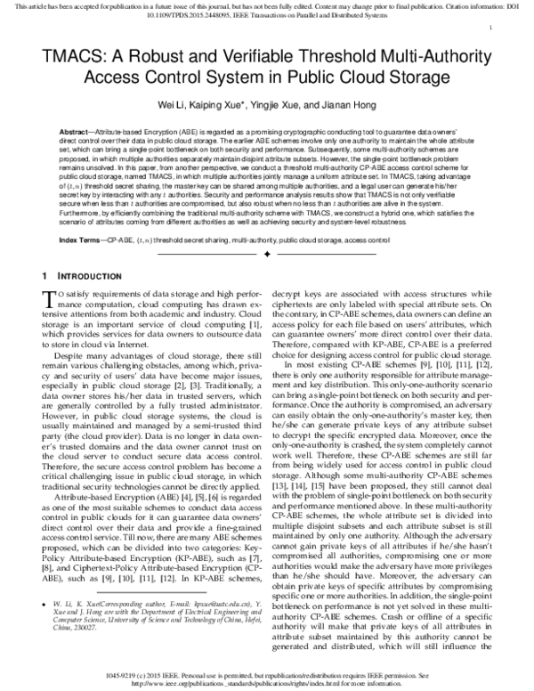 (PDF) TMACS: A Robust and Verifiable Threshold Multi-Authority Access Control System in Public ...