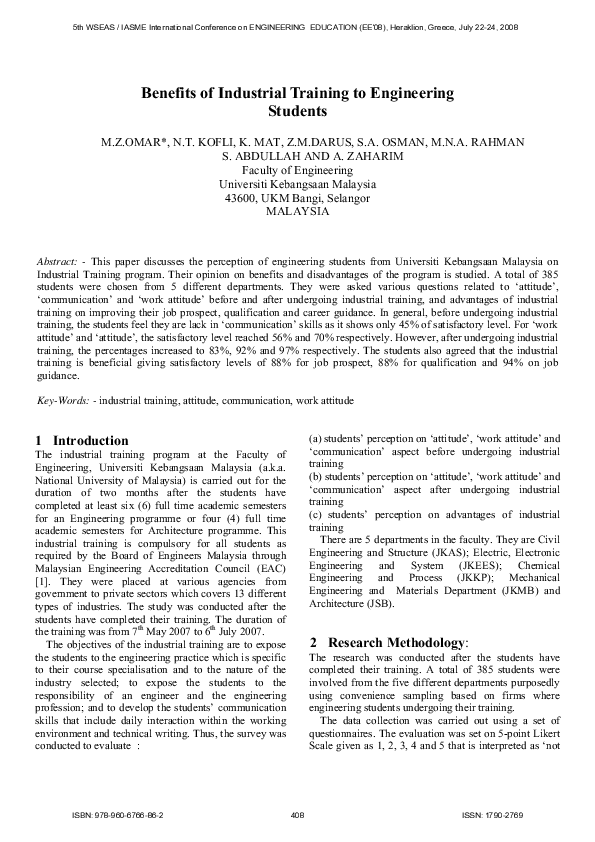 (PDF) Benefits of industrial training to engineering students