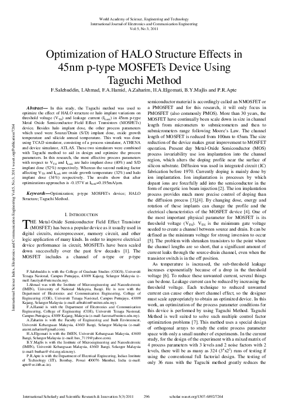 (PDF) Optimization Of Halo Structure Effects In 45Nm P-Type Mosfets Device Using Taguchi Method
