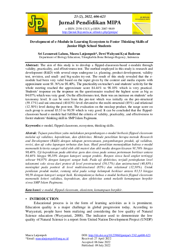 (PDF) Development of e-Module in Learning Ecosystem to Foster Thinking ...