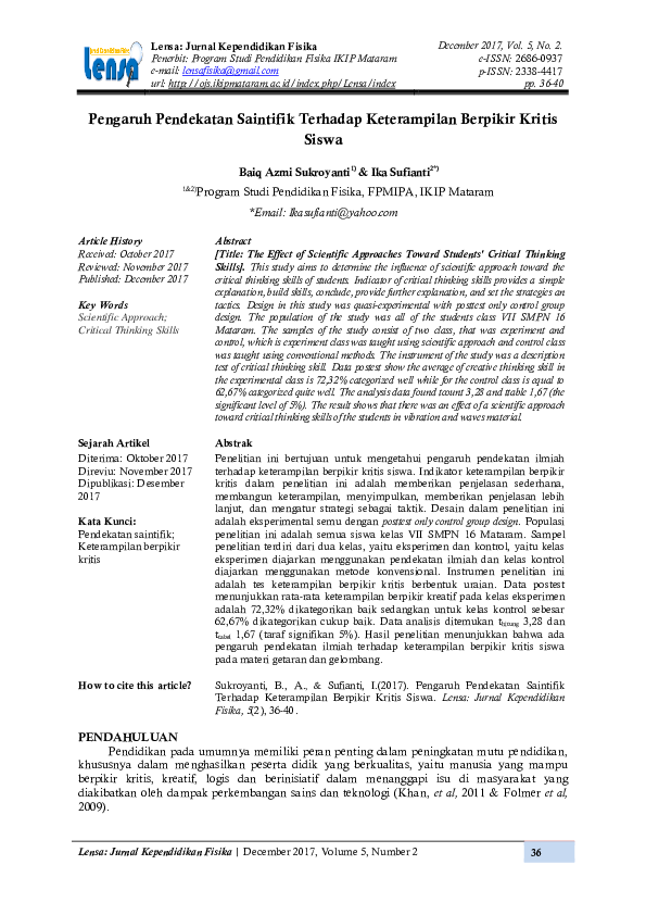 (PDF) Pengaruh Pendekatan Saintifik Terhadap Keterampilan Berpikir Kritis Siswa