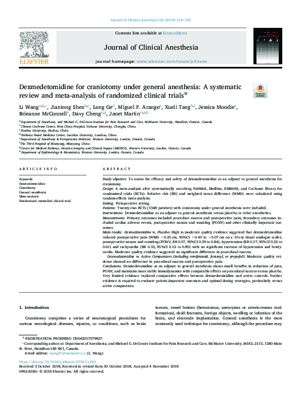 (PDF) Dexmedetomidine for craniotomy under general anesthesia: A systematic review and meta ...