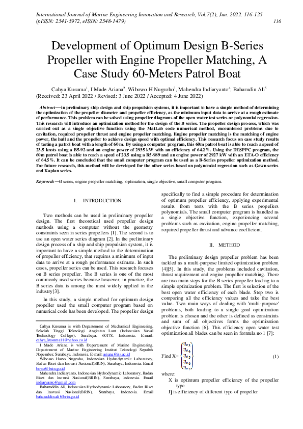 (PDF) Development of Optimum Design B-Series Propeller with Engine Propeller Matching, A Case ...