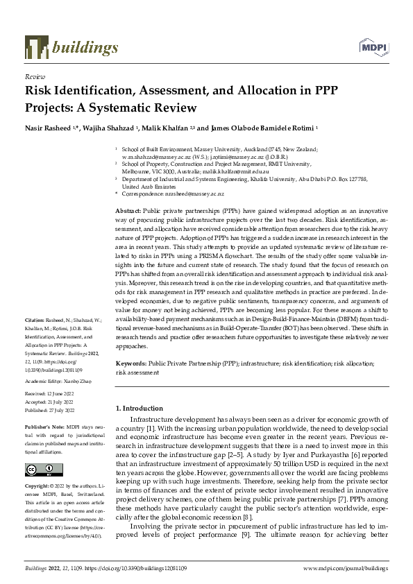 (PDF) Risk Identification, Assessment, and Allocation in PPP Projects: A Systematic Review