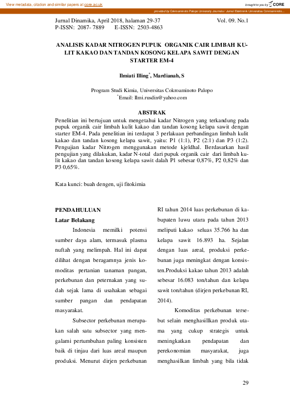 (PDF) Analisis Kadar Nitrogen Pupuk Organik Cair Limbah Kulit Kakao Dan Tandan Kosong Kelapa ...